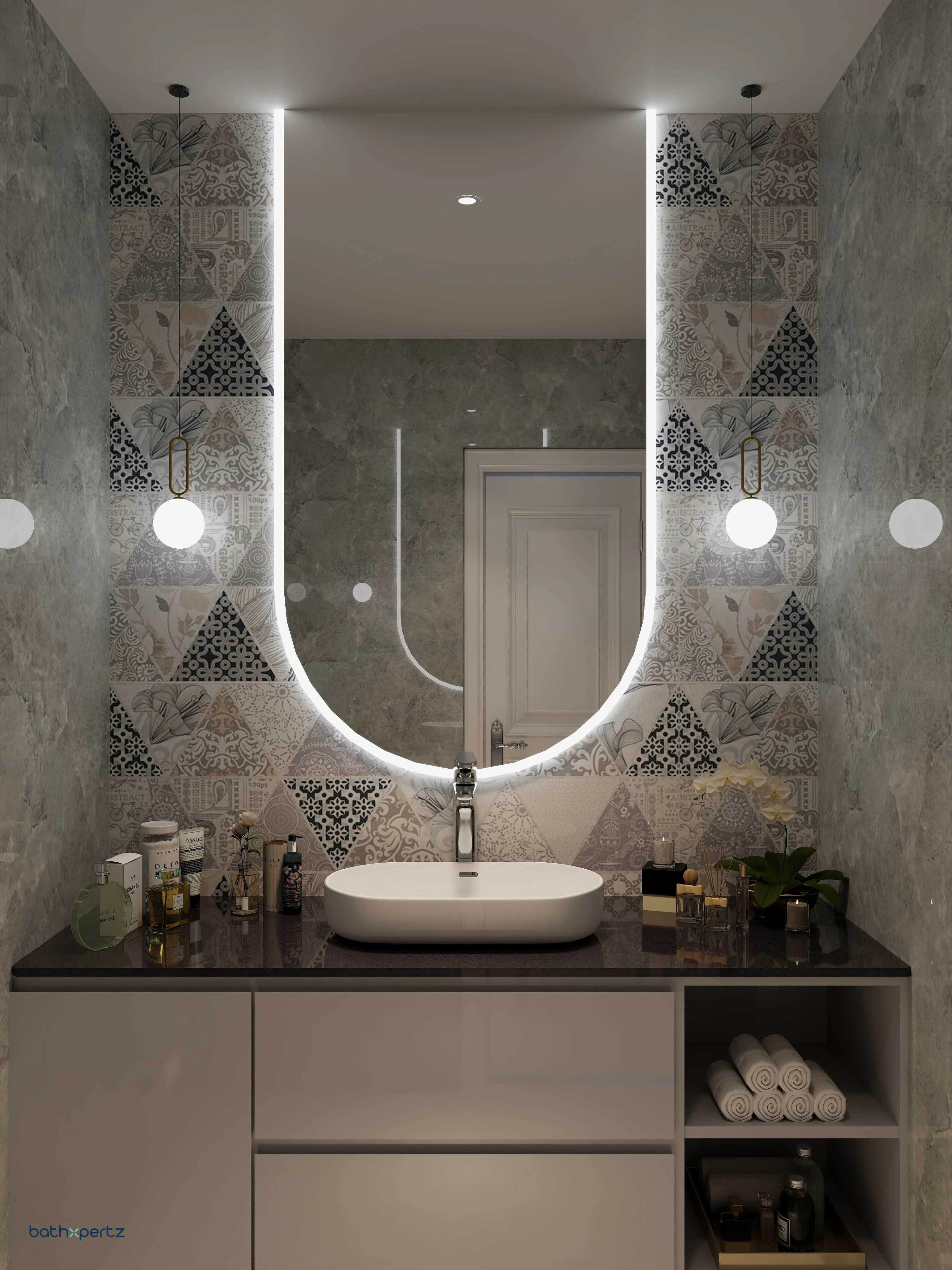 Gothic Grid | Dark Marble Powder Washroom Design with LED Mirror